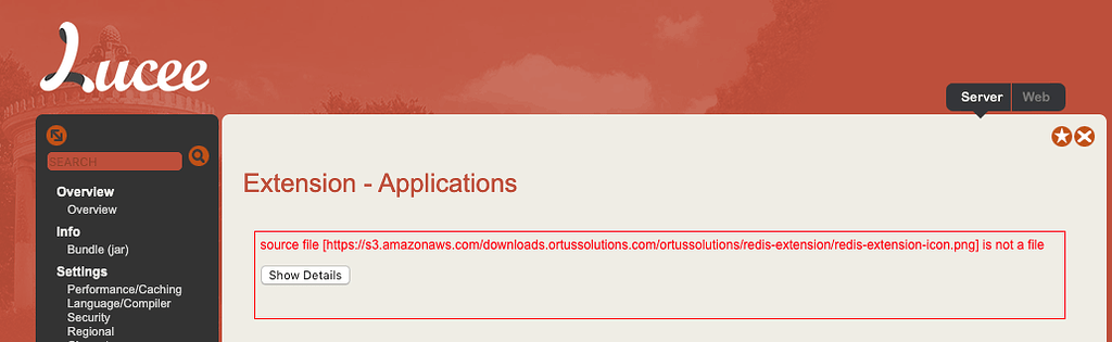 Lucee Admin Extension Applications Error Support Lucee Dev