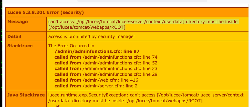 Access Is Prohibited By Security Manager Cant Log Into Admin Support Lucee Dev 